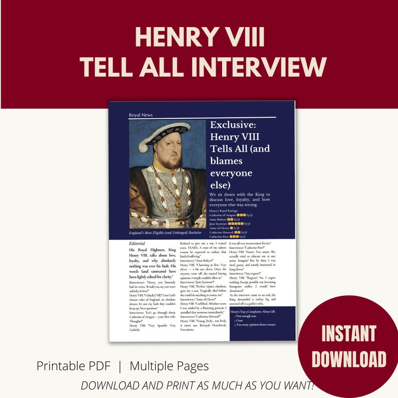 Henry VIII History Printable, Funny History Activity, Learn About the ...