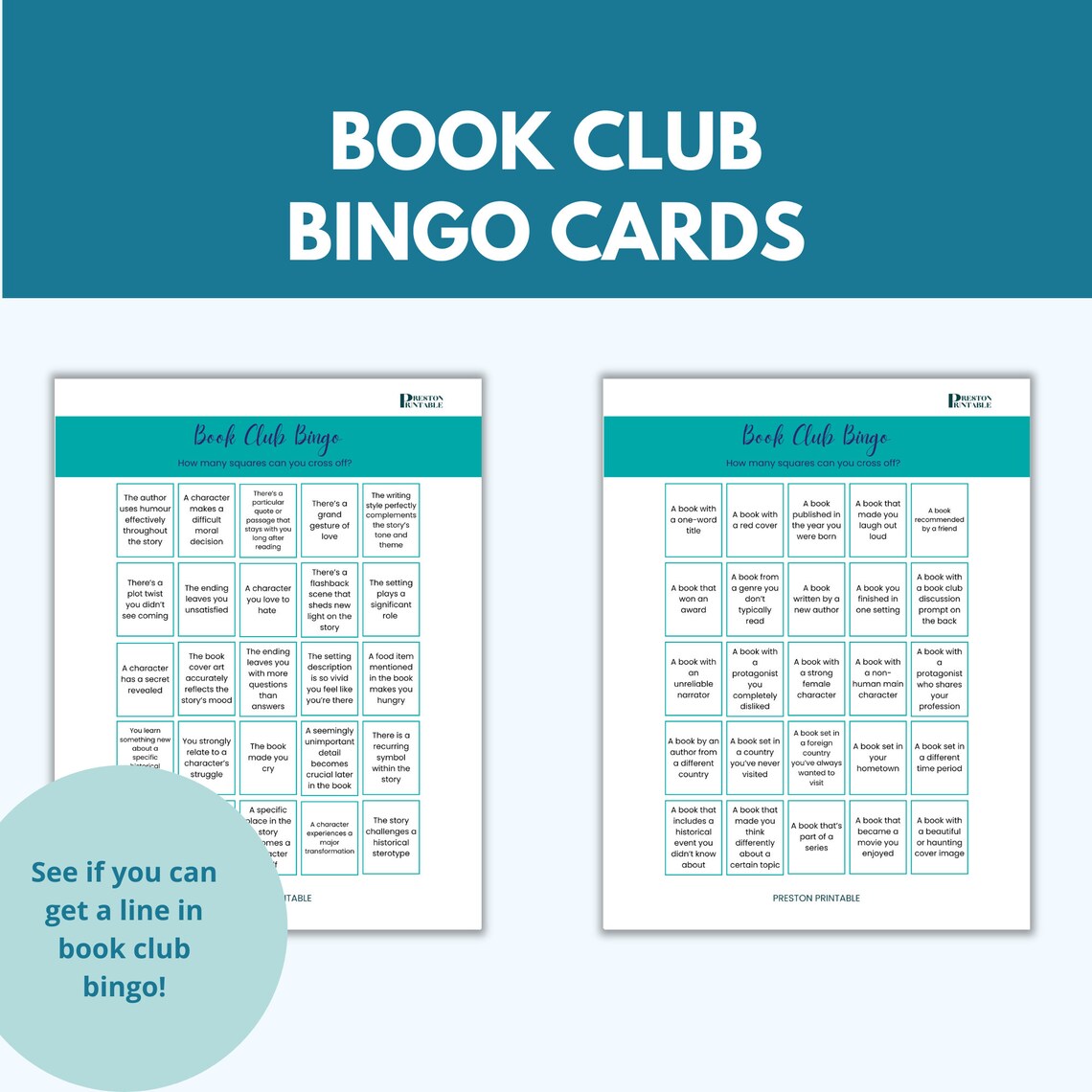 Book Club Printable Cards, Book Club Bingo, Book Club Discussion Points ...