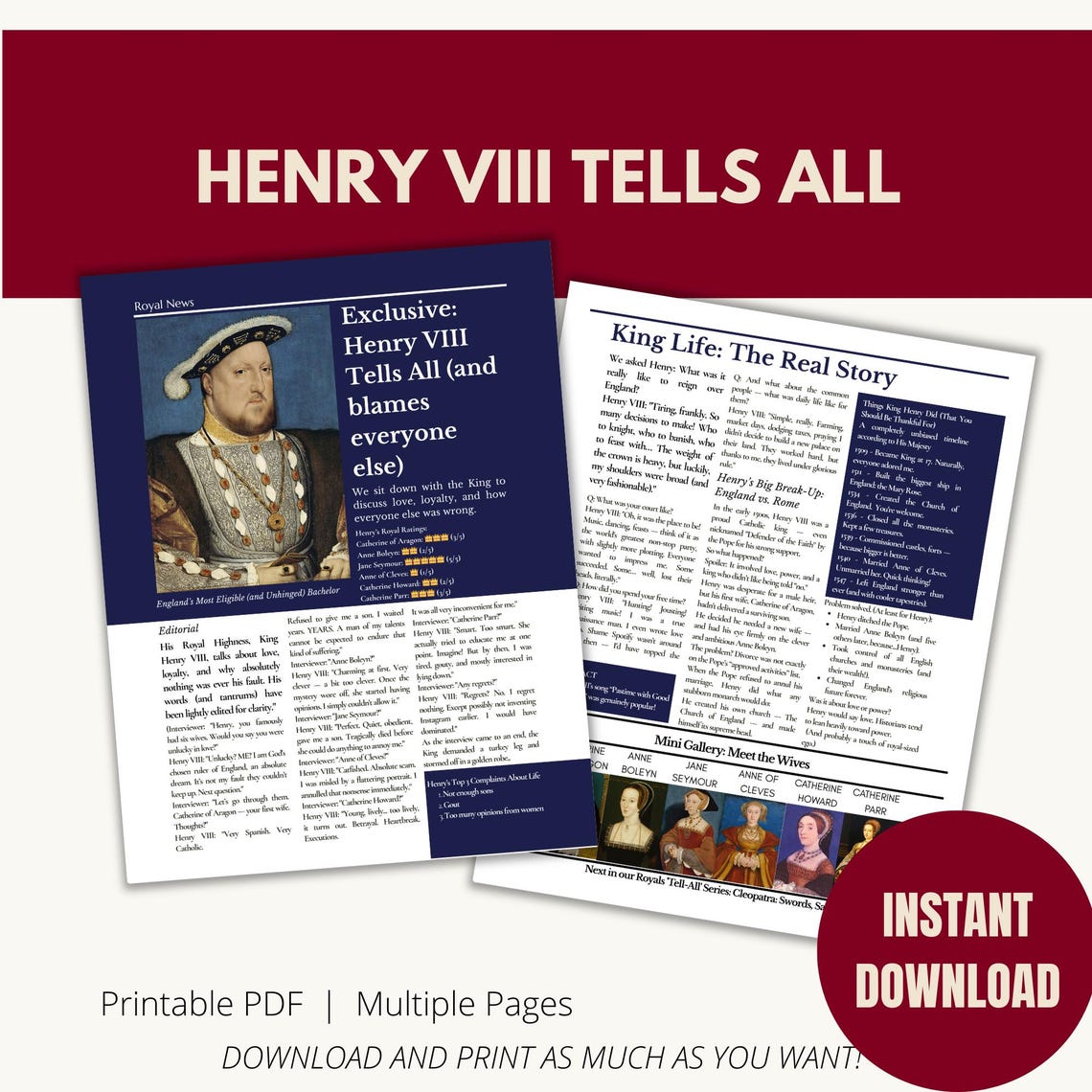 Henry VIII History Printable, Funny History Activity, Learn About the ...