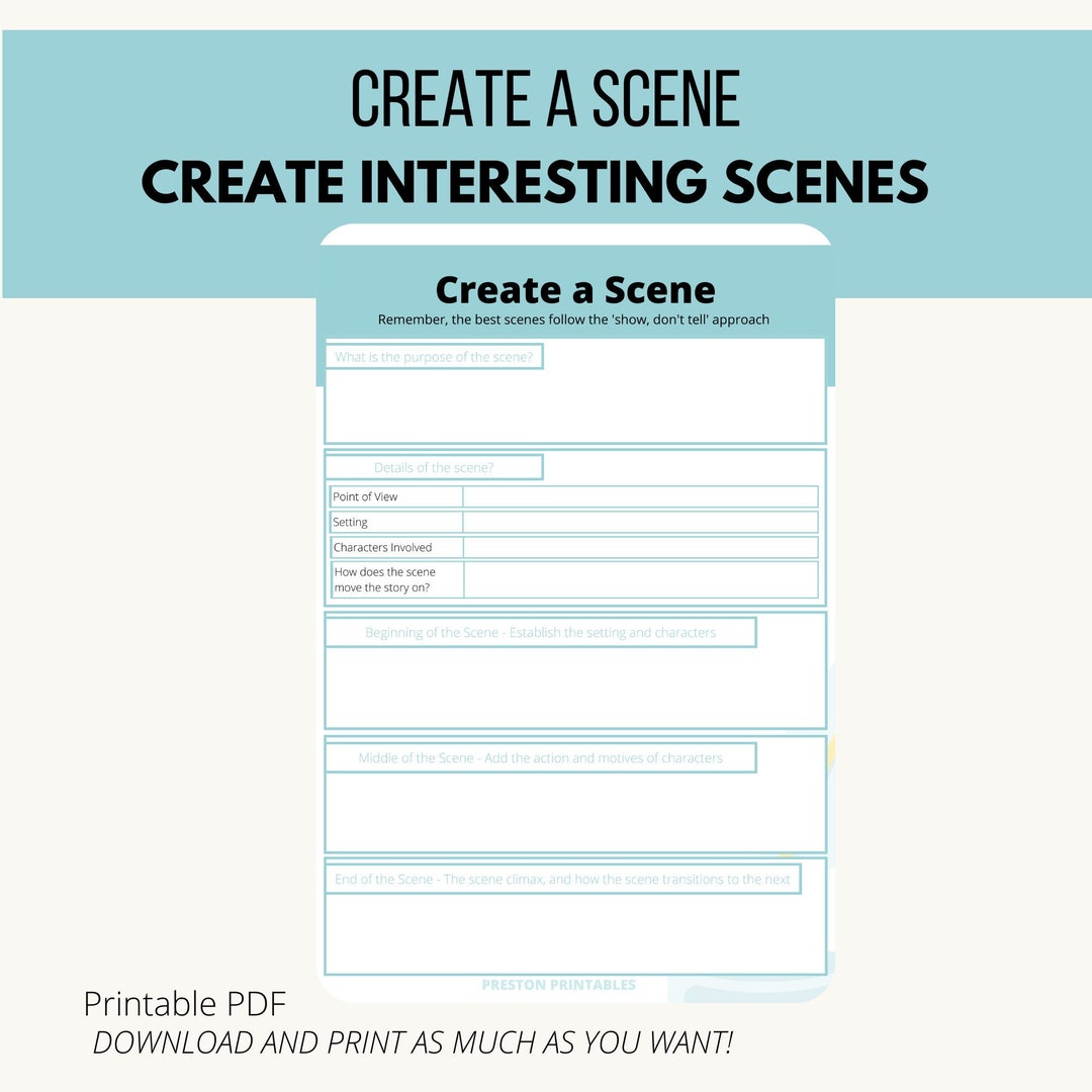 Printable Scene Creator for Writers, Downloadable, Create a Scene ...