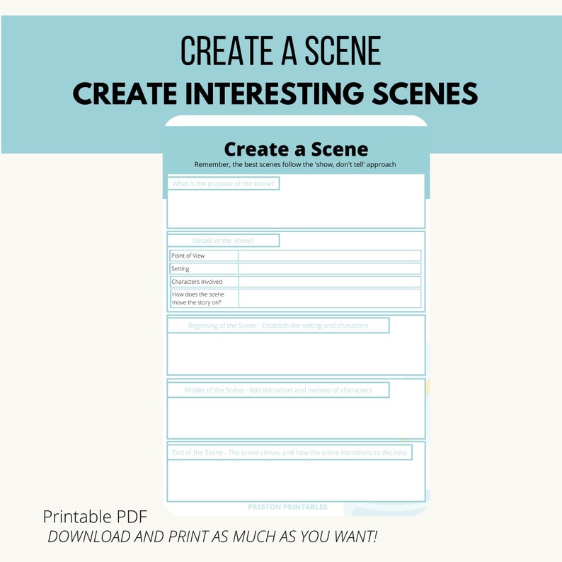 Printable Scene Creator for Writers, Downloadable, Create a Scene ...