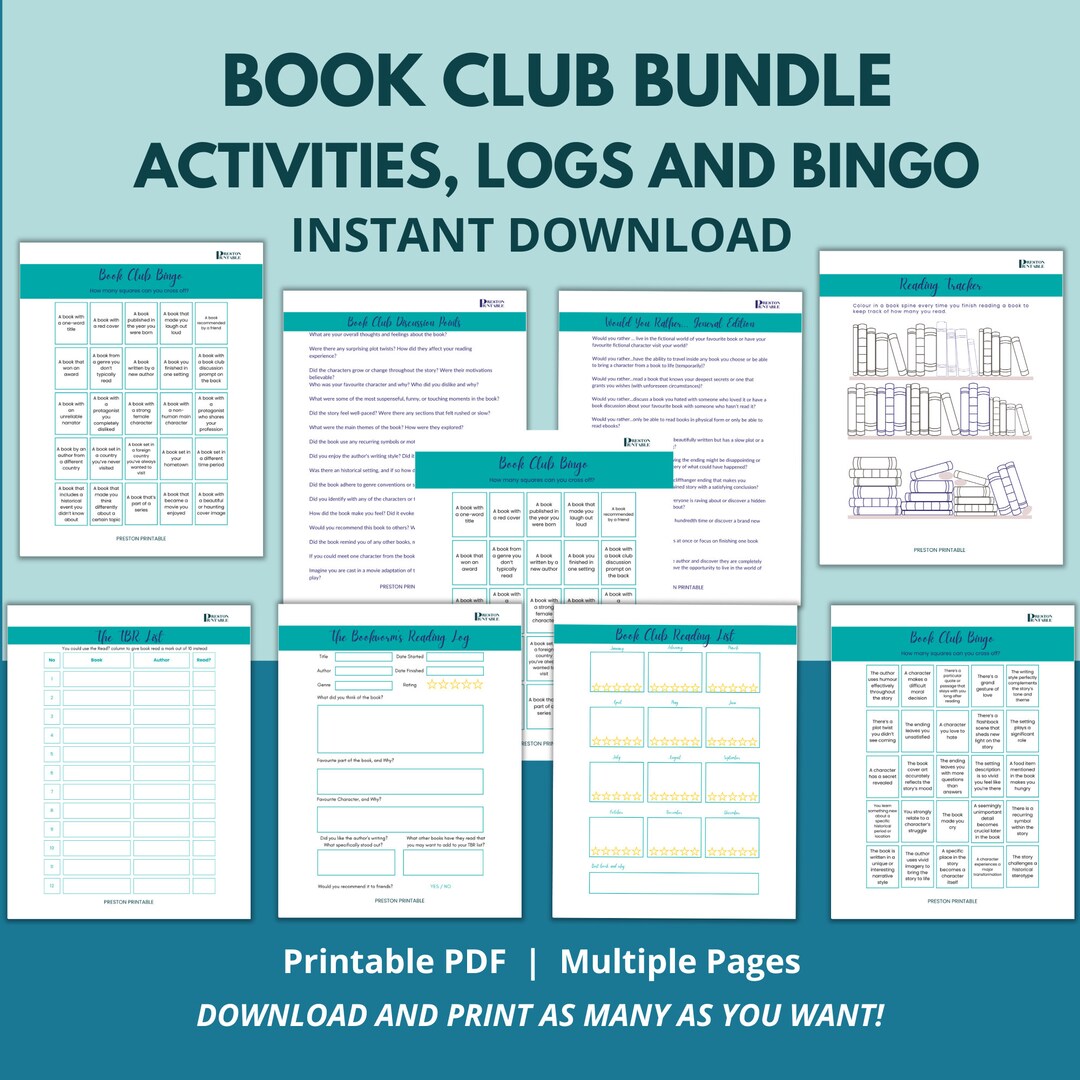 Book Club Printable Cards, Book Club Bingo, Book Club Discussion Points, Book Club Reading Log ...