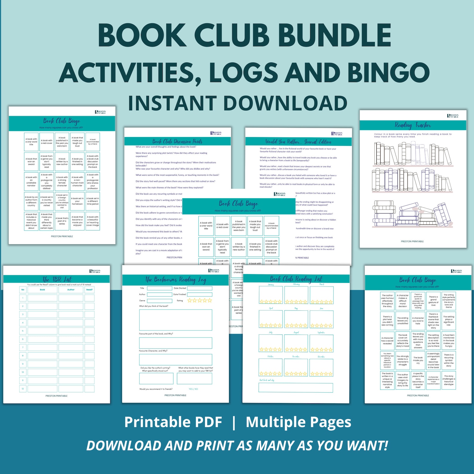 Book Club Printable Cards, Book Club Bingo, Book Club Discussion Points ...