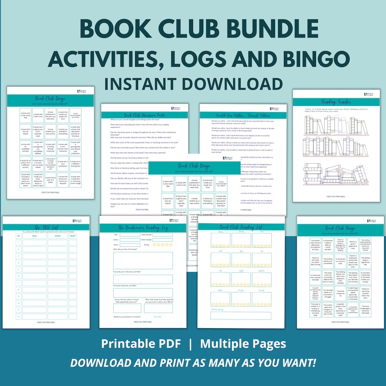 Book Club Printable Cards, Book Club Bingo, Book Club Discussion Points ...