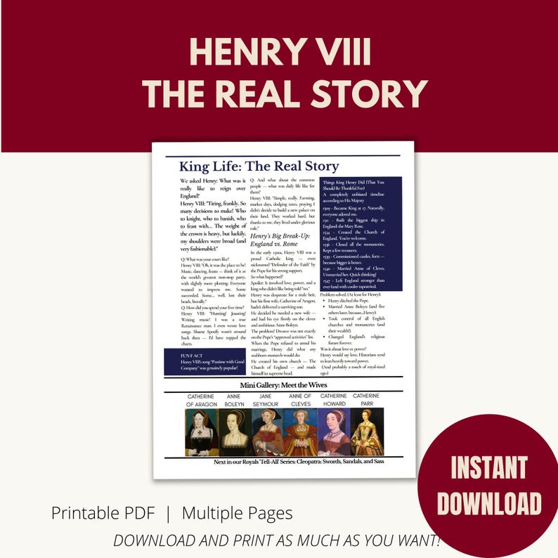Henry VIII History Printable, Funny History Activity, Learn About the ...