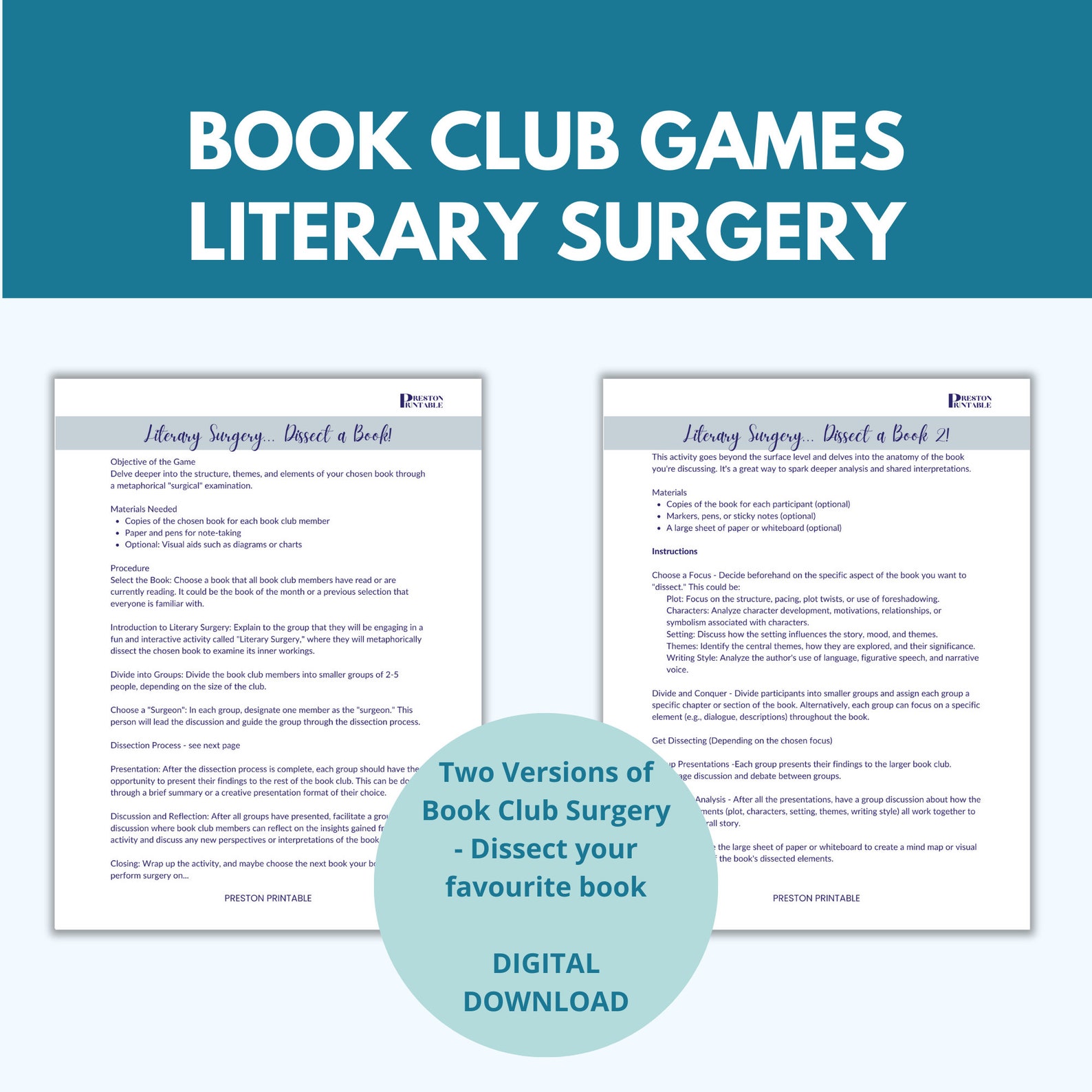 Book Club Games, Printable Book Club Games, Dissect a Book, Book Club ...