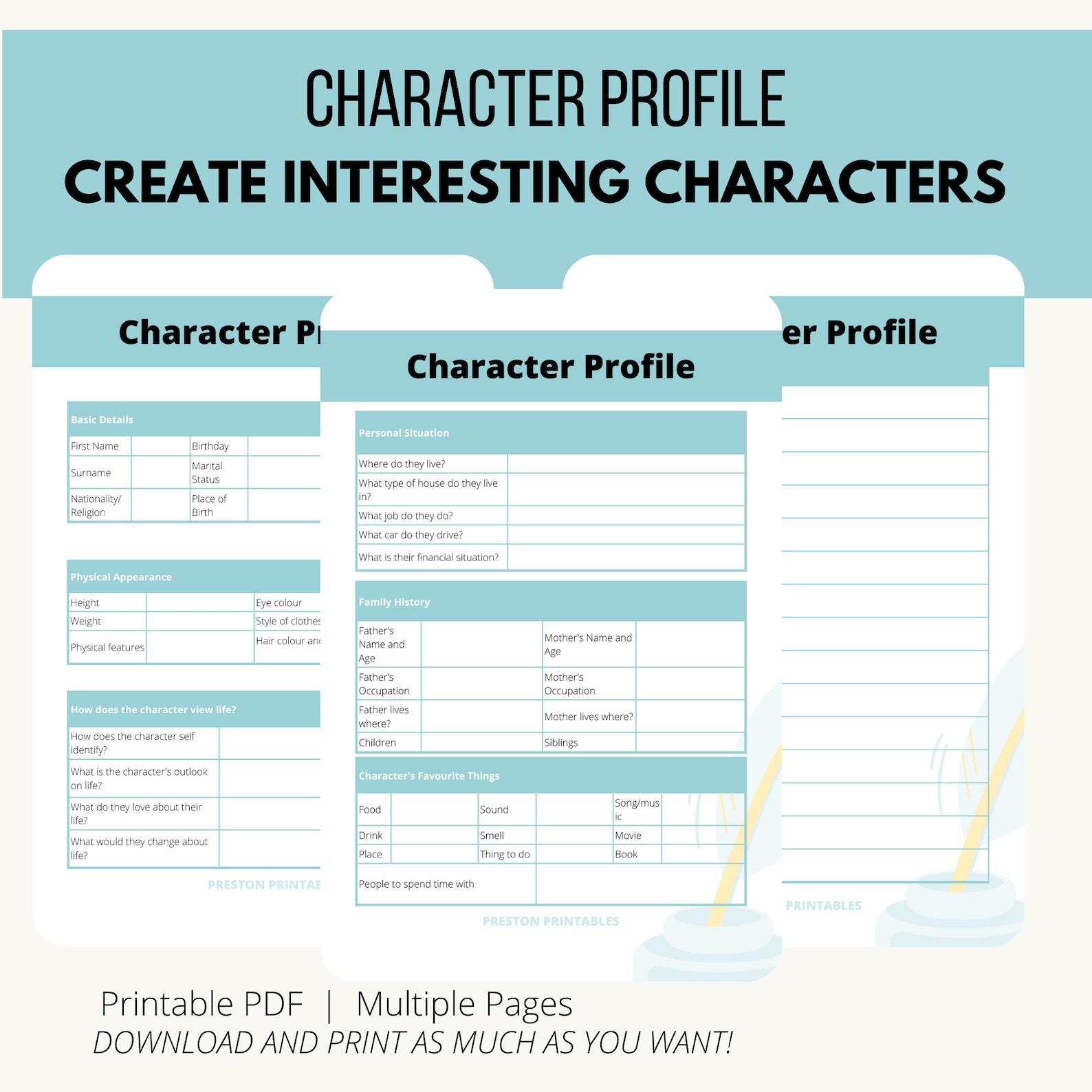 Printable Character Profile Creator for Writers, Downloadable ...