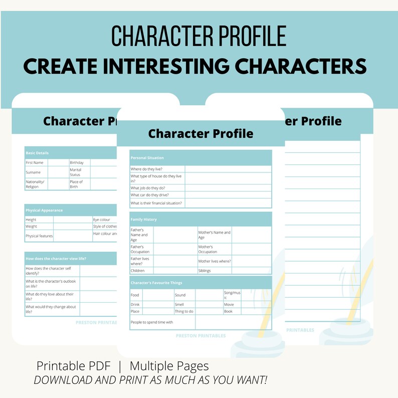 Printable Character Profile Creator for Writers, Downloadable ...