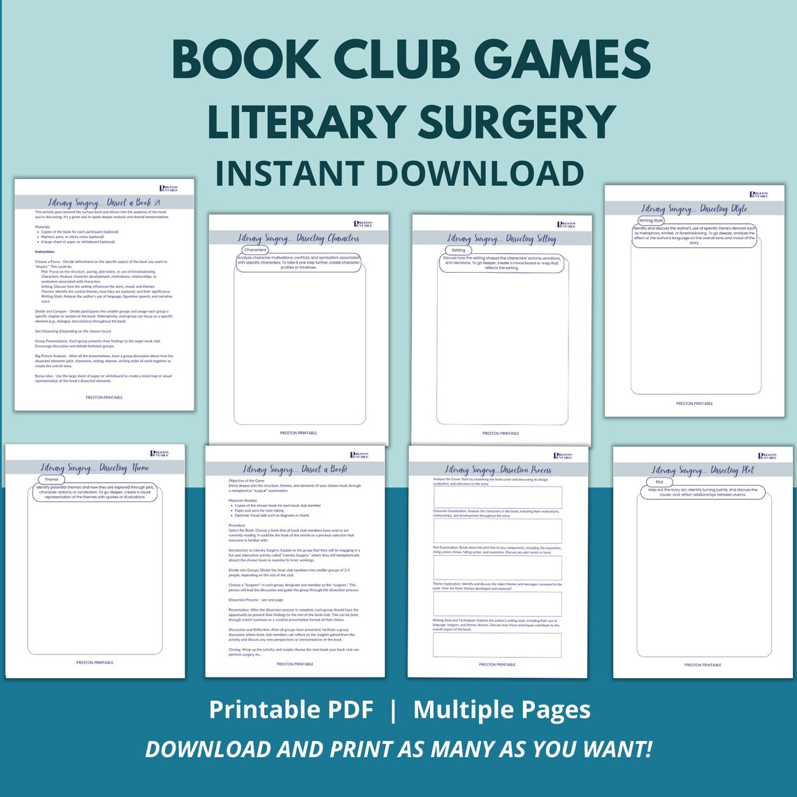 Book Club Games, Printable Book Club Games, Dissect a Book, Book Club ...