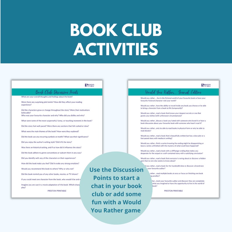 Book Club Printable Cards, Book Club Bingo, Book Club Discussion Points ...