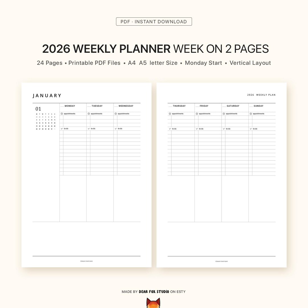 2026 Weekly Planner Printable | Week on 2 Pages, Vertical Layout ...