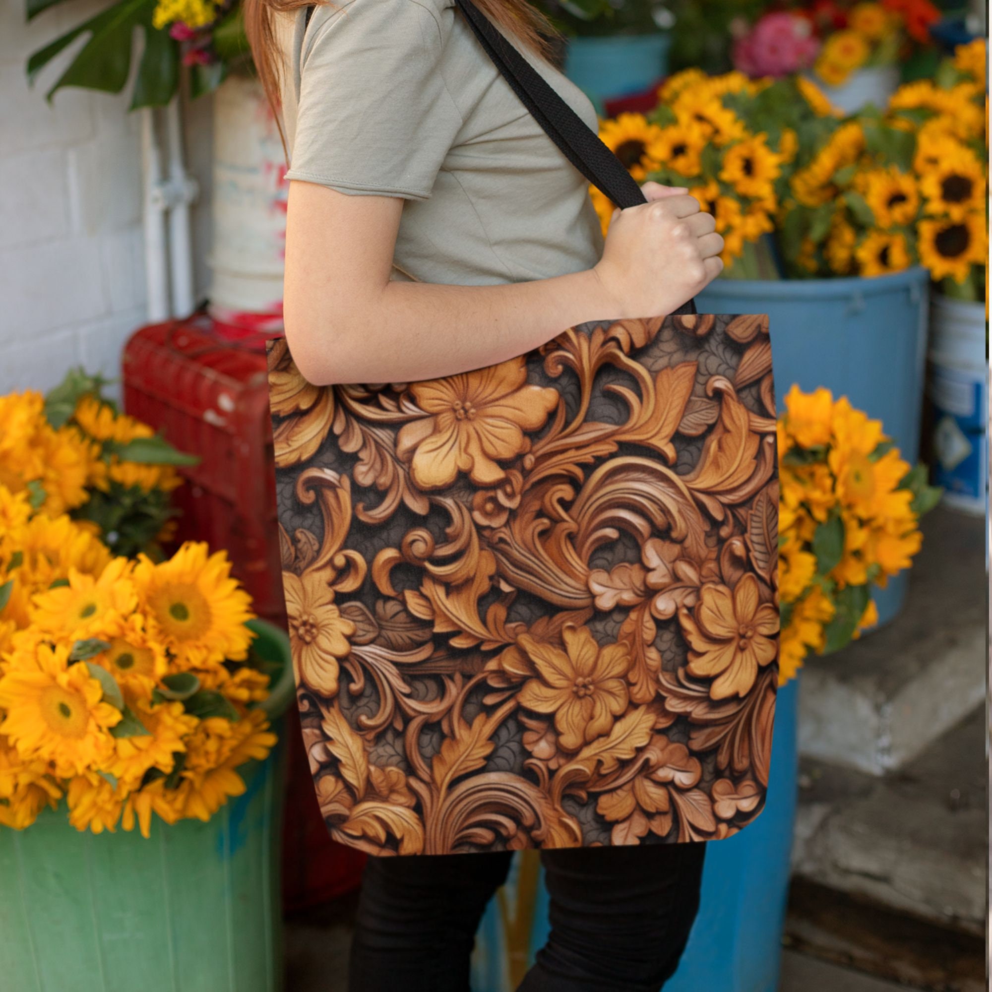 Western Tote Bag: Wood & Leather Tooling Print, Cowboy Chic - Etsy