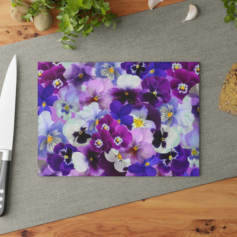 Glass Cutting Board, Purple Pansy Kitchen, Purple Pink Flower Decor ...