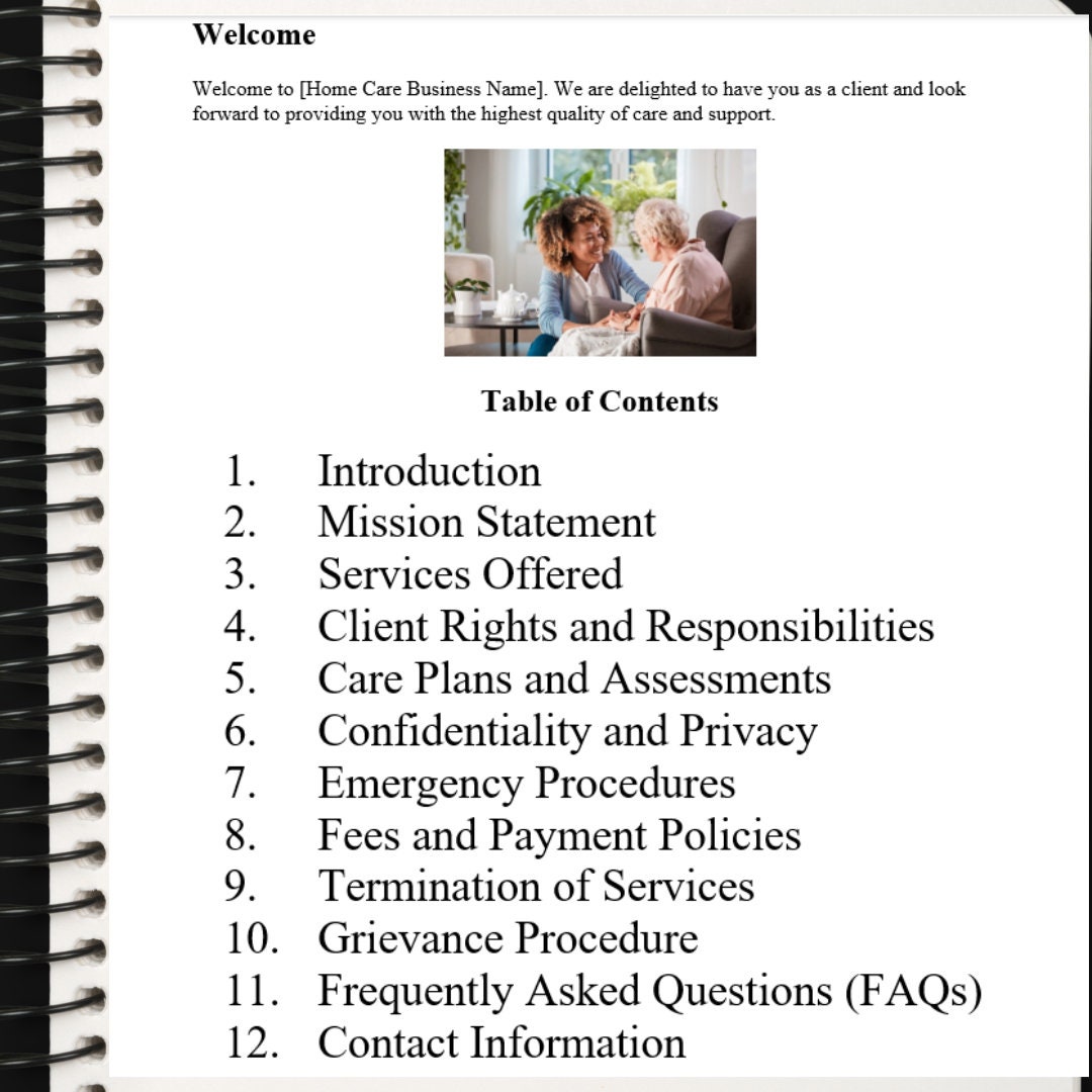 Client Handbook, Home Care Business, Professional Intake Document, Non ...
