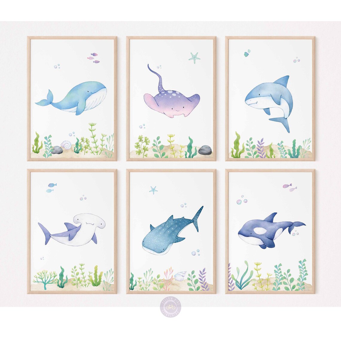 Whales and Sharks Prints, Ocean Sea Wall Art, Nautical Marine Animals ...