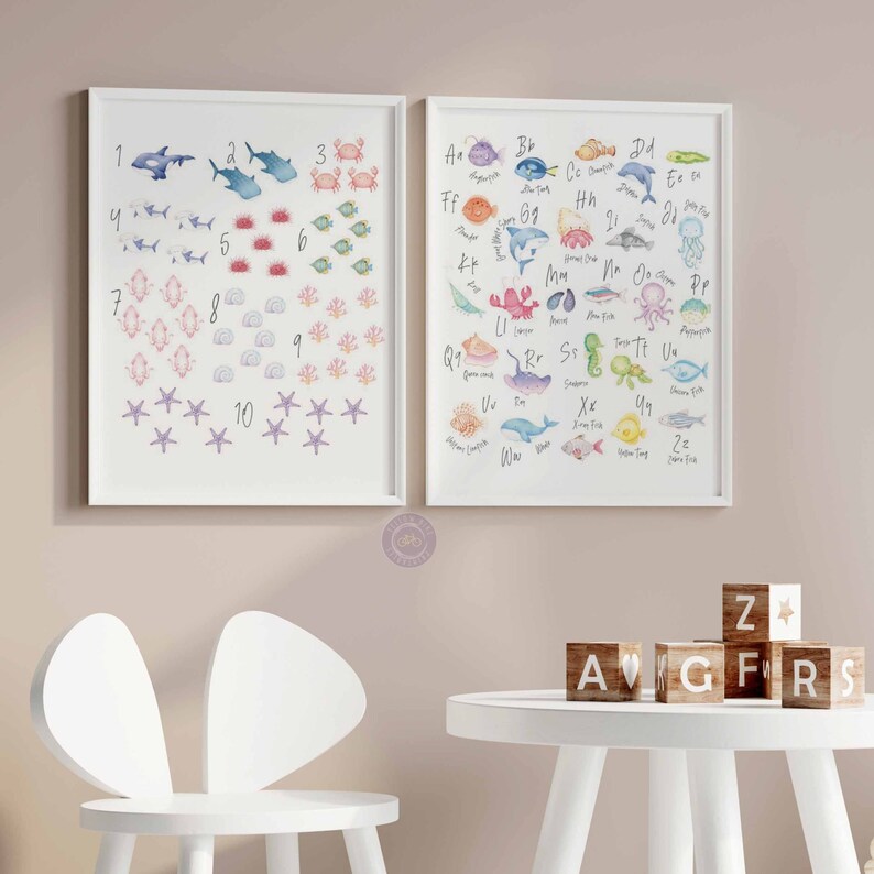 English Alphabet and Number Posters, Colorful Educational Charts, Ocean ...