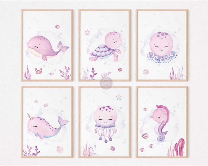 Pink Under the Sea Prints, Cute Ocean Animals Prints, Nautical Undersea ...