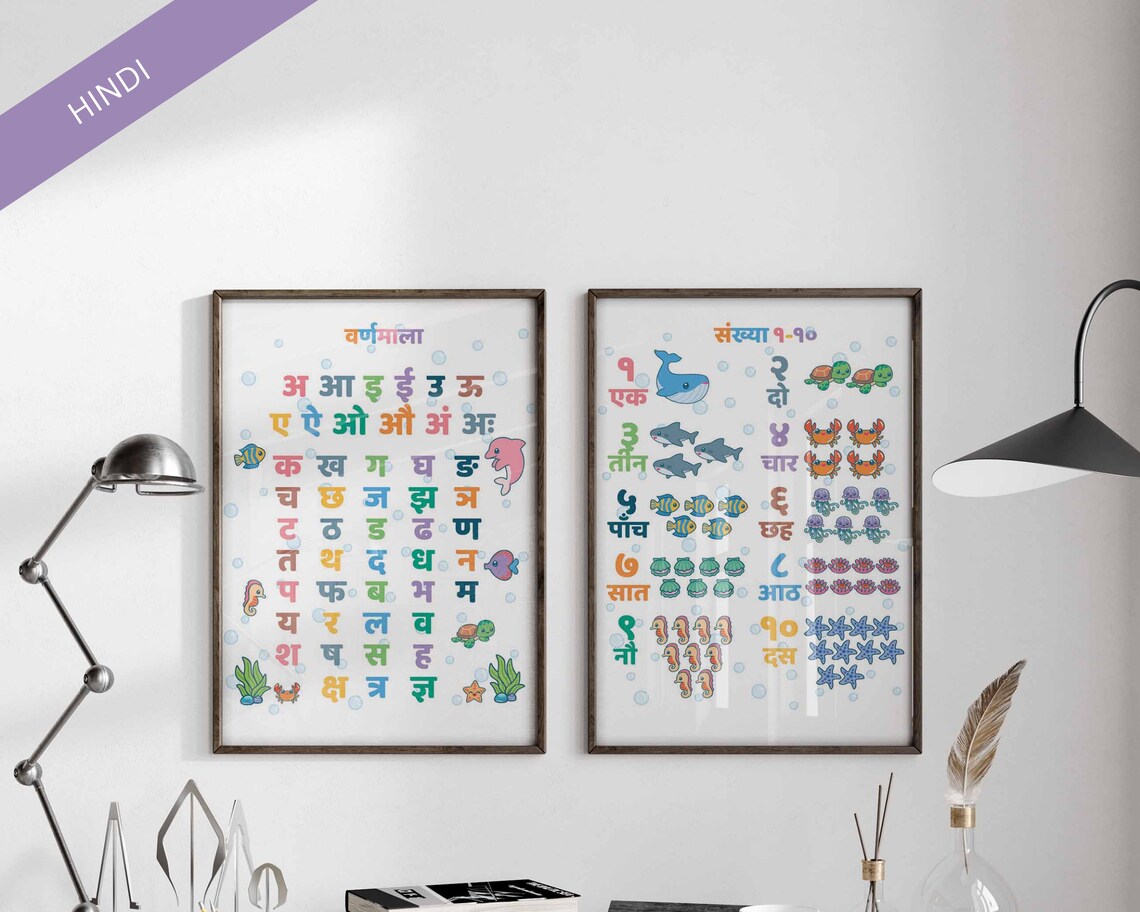 Hindi Varnamala Chart, Ocean Themed Hindi Alphabet and Numbers, Hindi ...