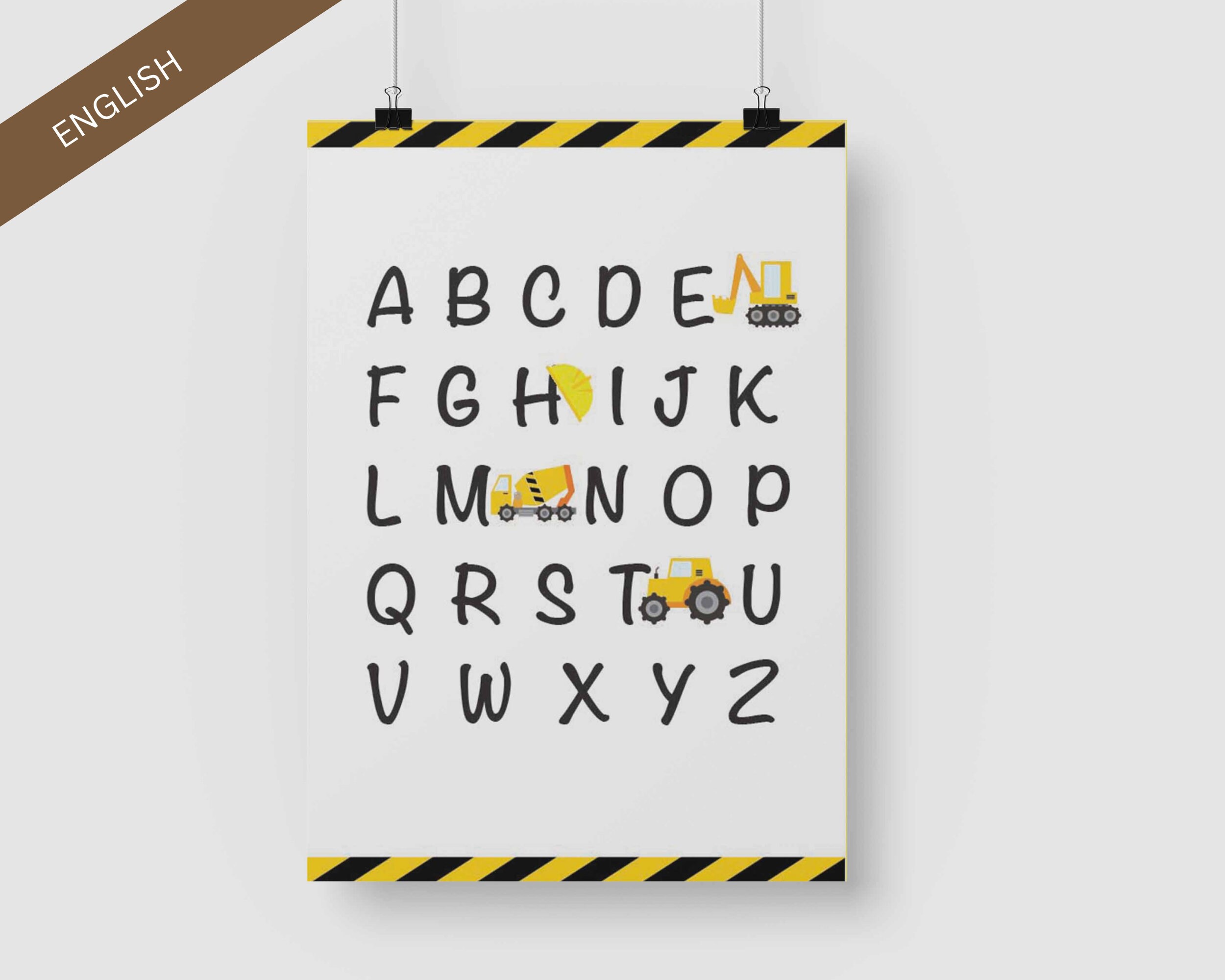 Construction Truck Alphabet and Number Poster, Construction Vehicle ...