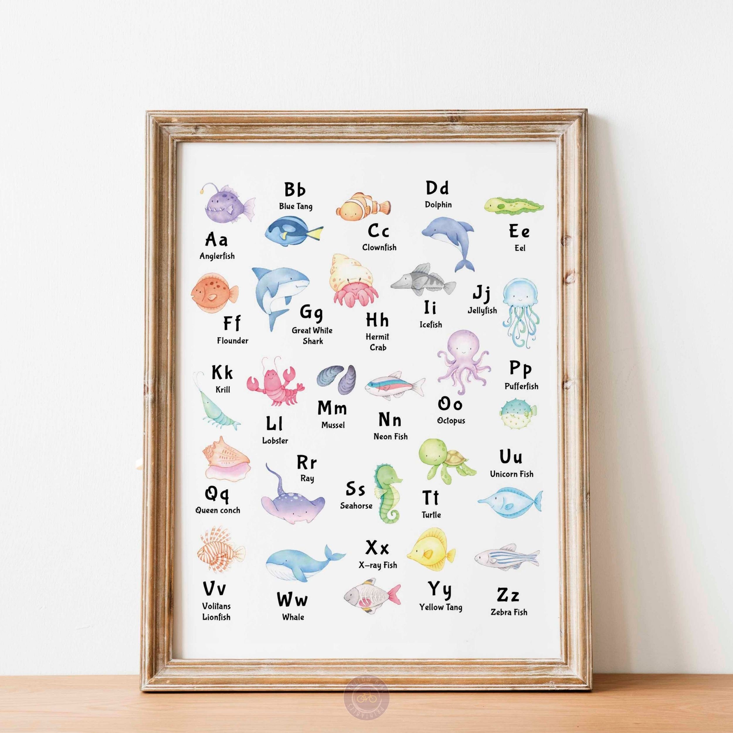 English Alphabet and Number Prints, Colorful Educational Charts, Ocean ...
