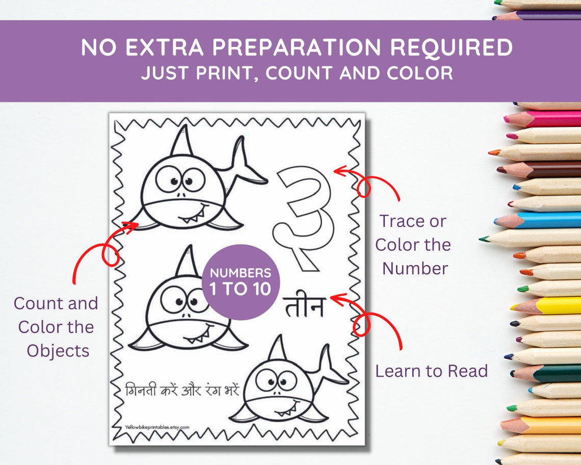 Hindi Numbers Printable Worksheets, Count and Color Activity Sheets ...