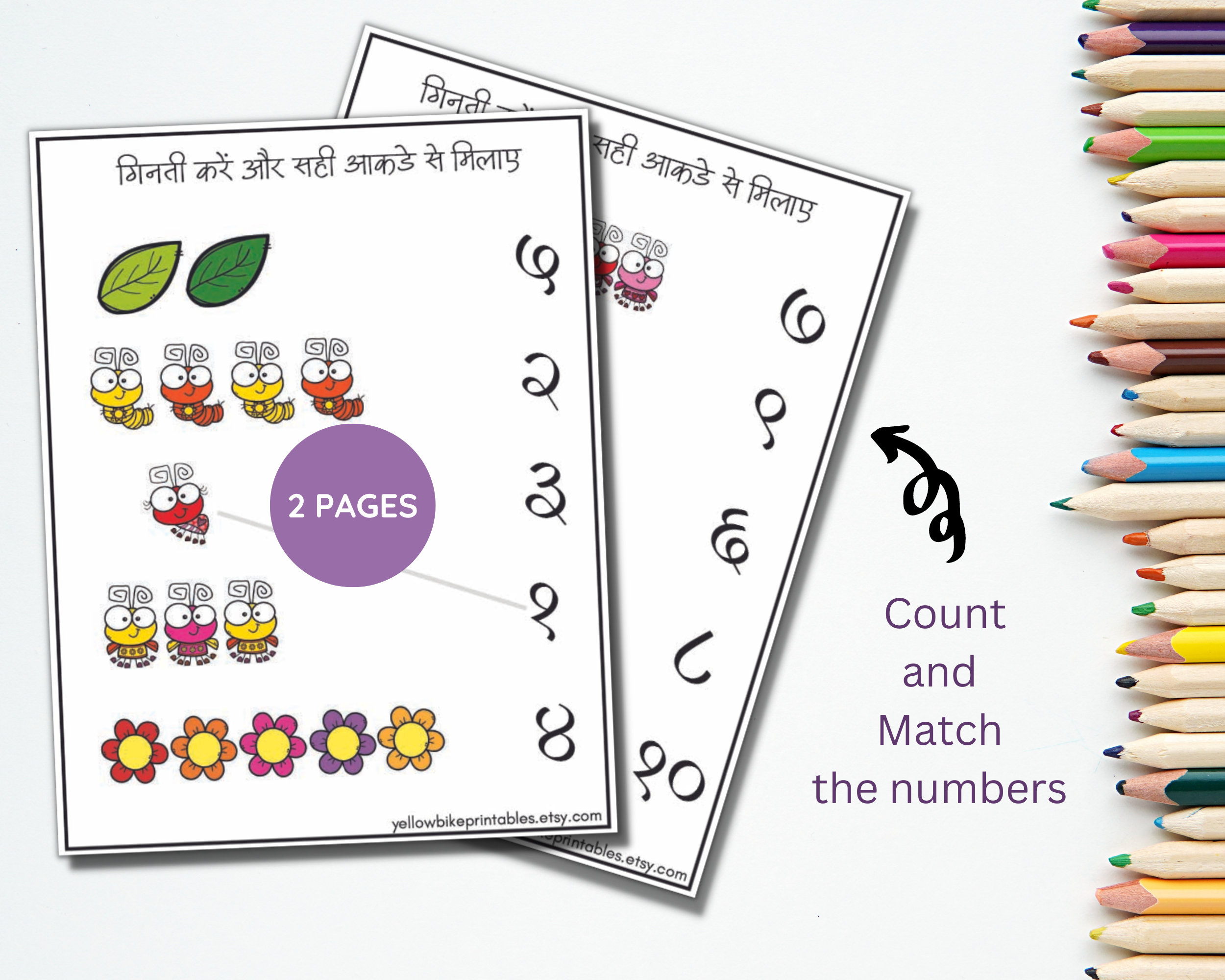 Hindi Number Worksheets, Learn Hindi Numerals 1 to 10, Insect Themed ...