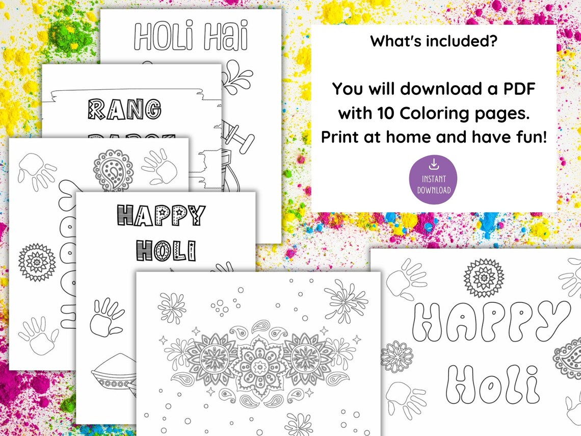 Holi Coloring Pages Bundle, Printable Holi Coloring Pages for Kids ...