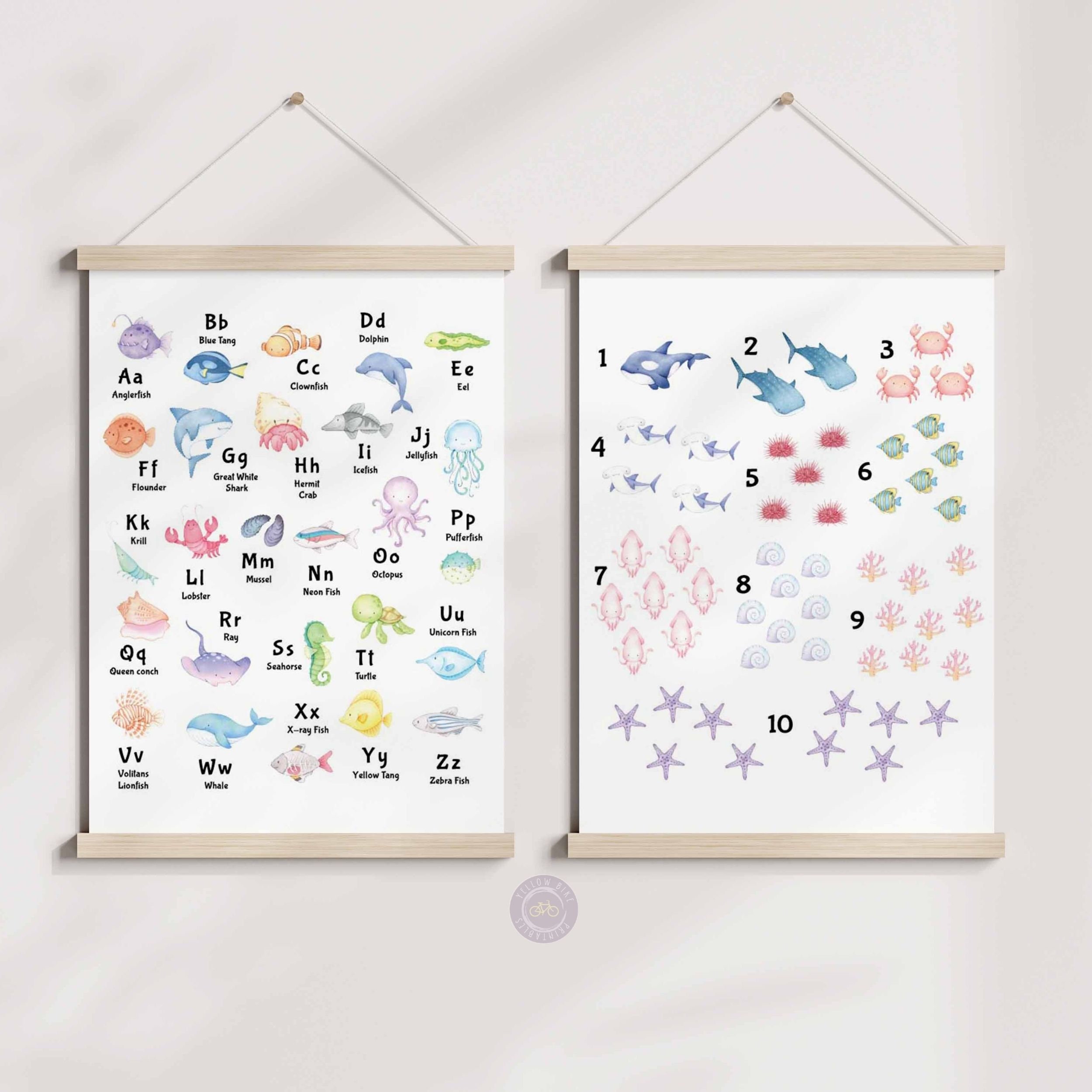 English Alphabet and Number Prints, Colorful Educational Charts, Ocean ...