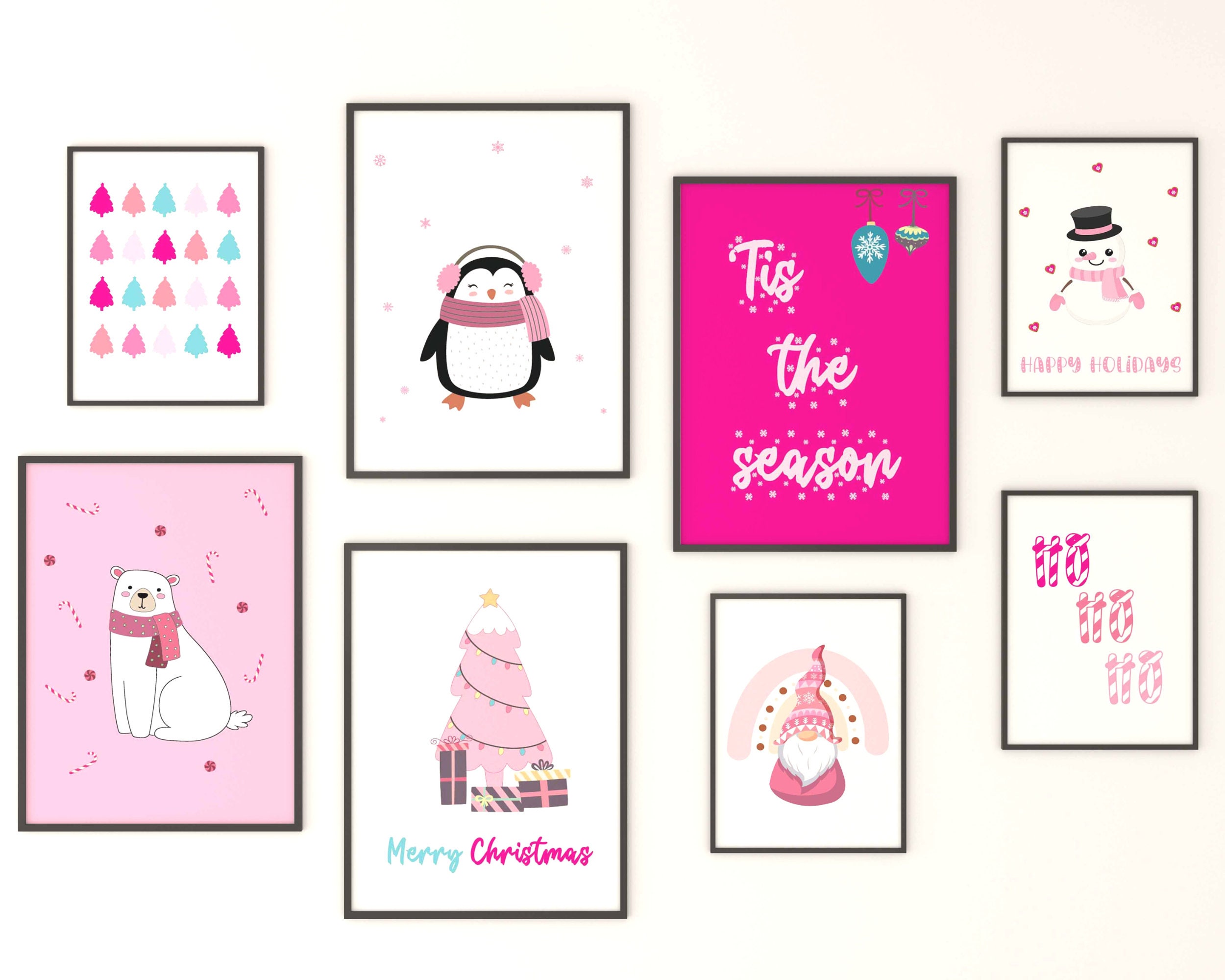 Cute Pink Christmas Decor, Pink Christmas Printable Wall Art, Set of 8 ...