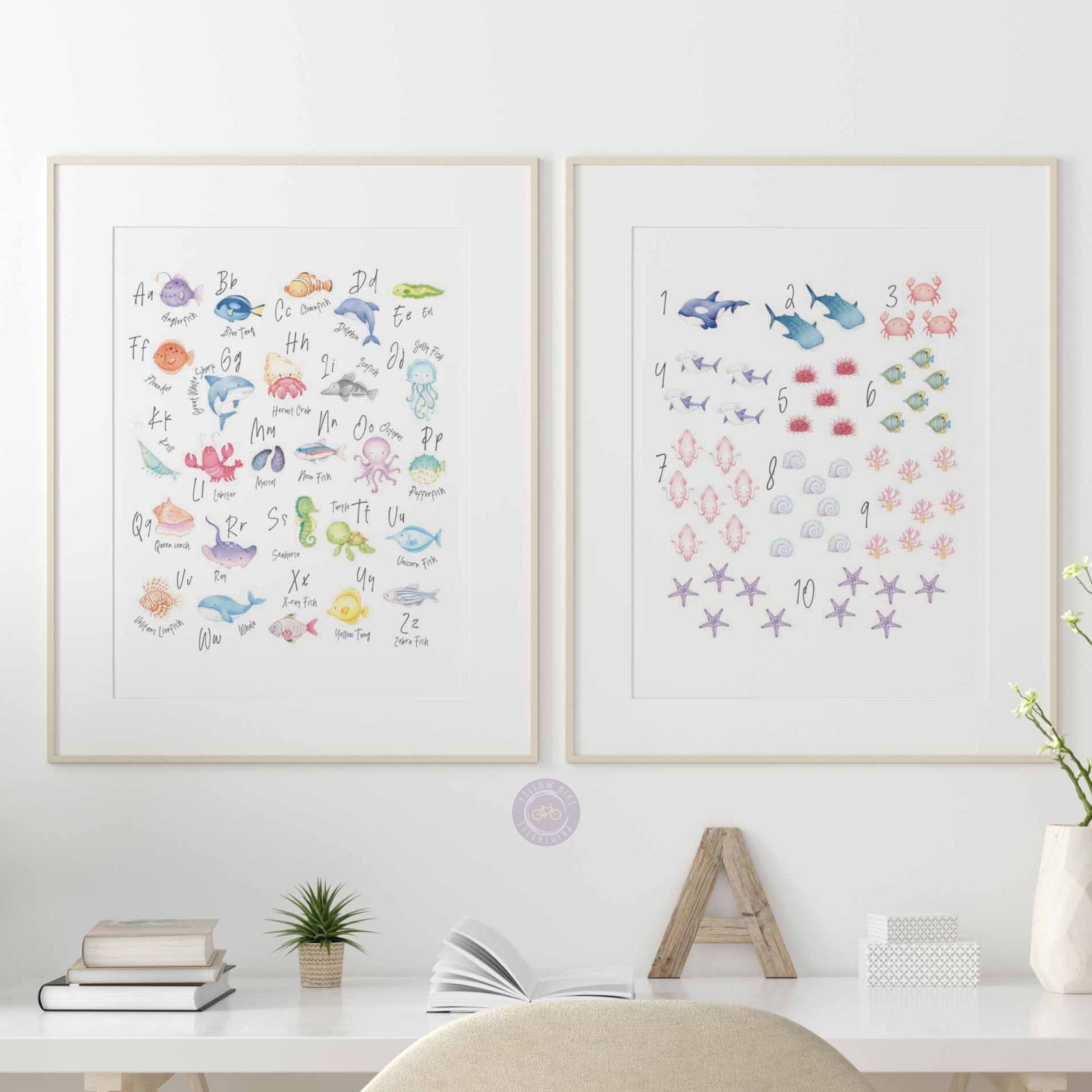 English Alphabet and Number Posters, Colorful Educational Charts, Ocean ...