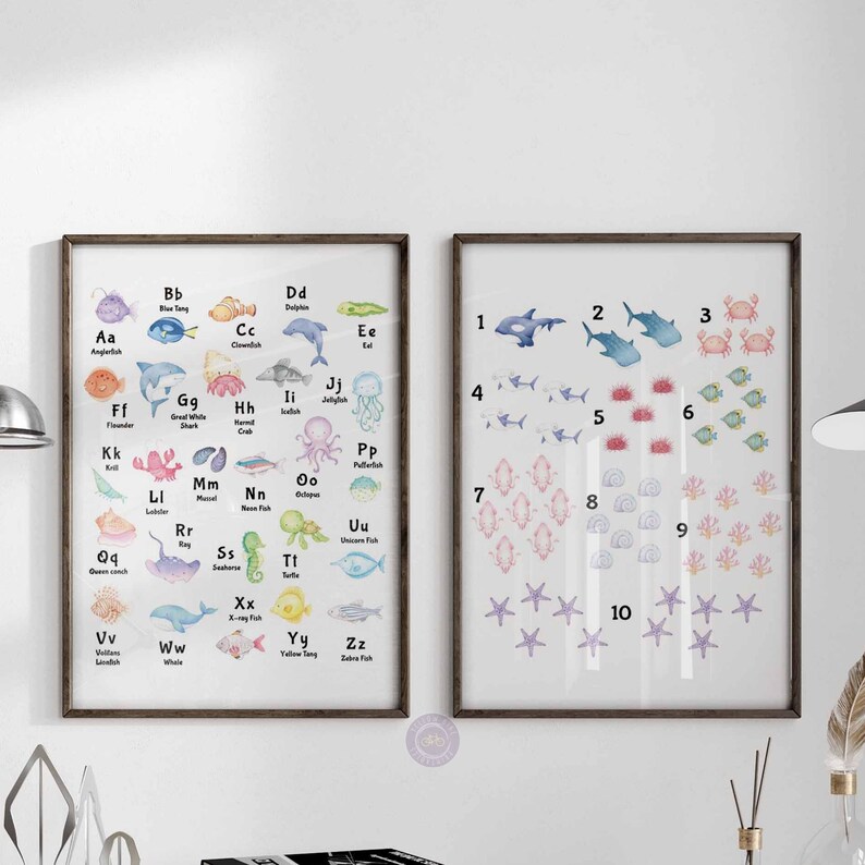 English Alphabet and Number Prints, Colorful Educational Charts, Ocean ...