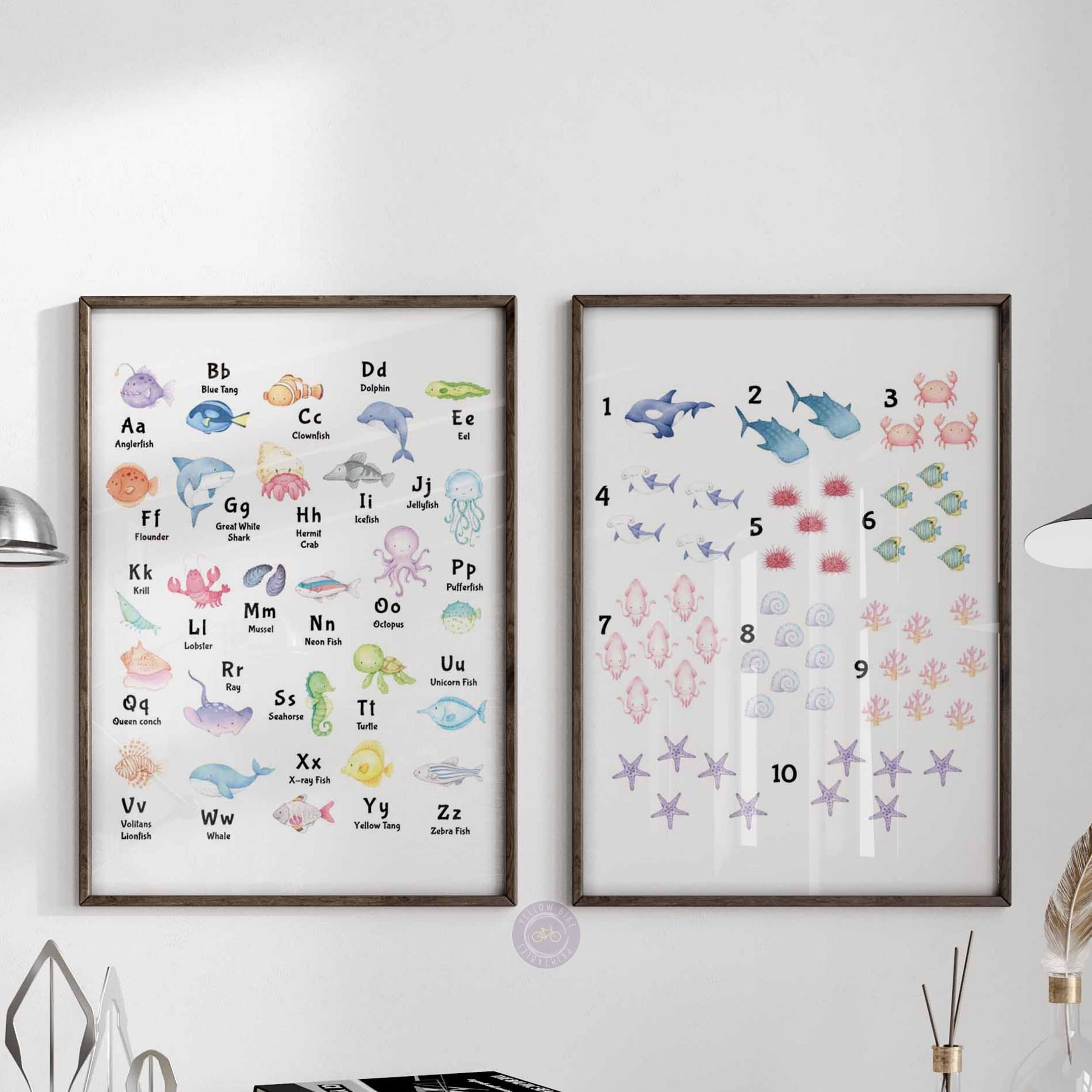 English Alphabet and Number Prints, Colorful Educational Charts, Ocean ...
