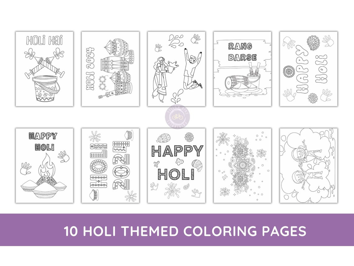 Holi Coloring Pages Bundle, Printable Holi Coloring Pages for Kids ...