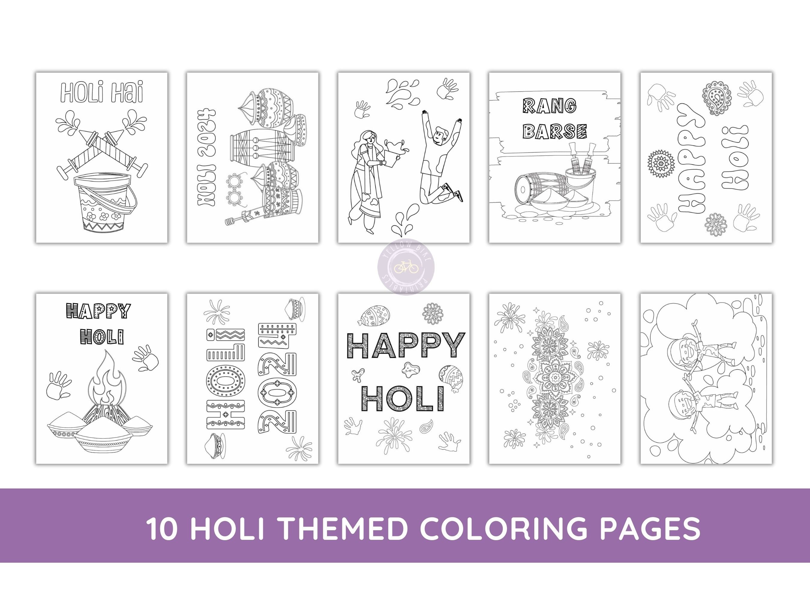 Holi Coloring Pages Bundle, Printable Holi Coloring Pages for Kids ...