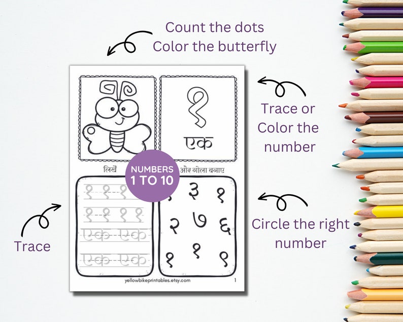 Hindi Number Worksheets, Learn Hindi Numerals 1 to 10, Insect Themed ...