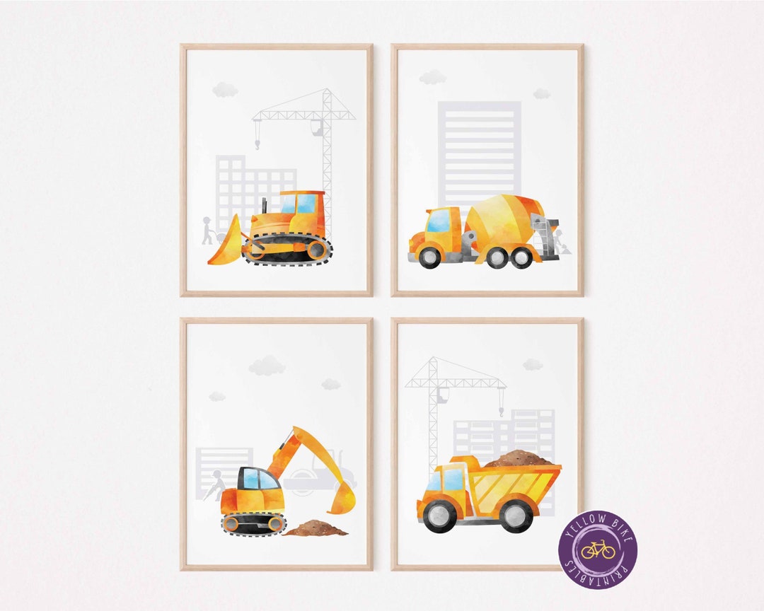 Watercolor Construction Trucks Prints, Yellow Construction Truck Decor ...