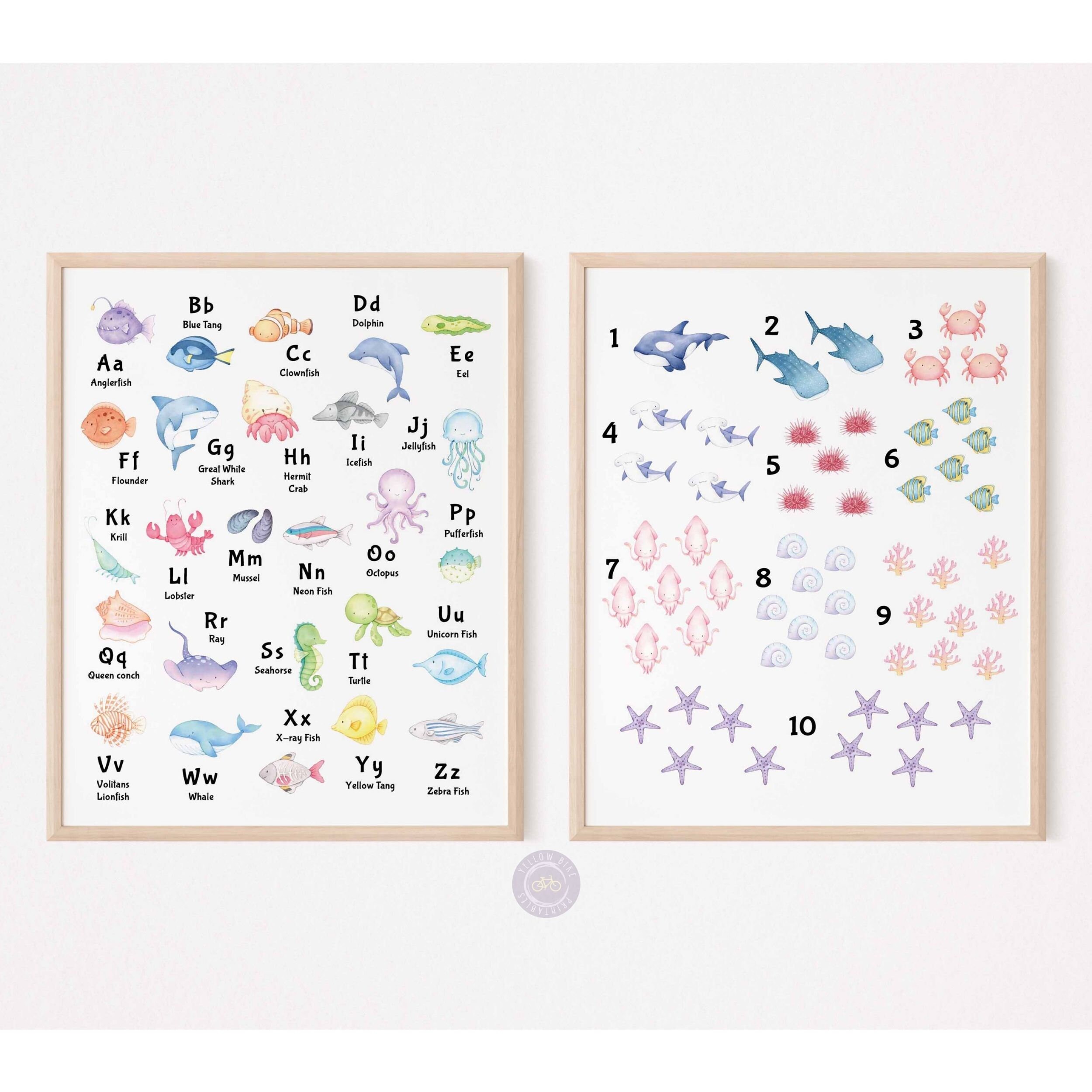 English Alphabet and Number Prints, Colorful Educational Charts, Ocean ...