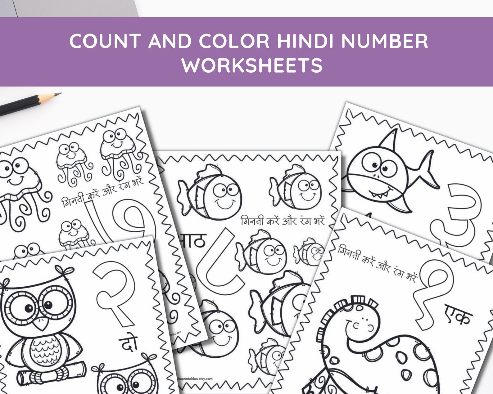 Hindi Numbers Printable Worksheets, Count and Color Activity Sheets ...