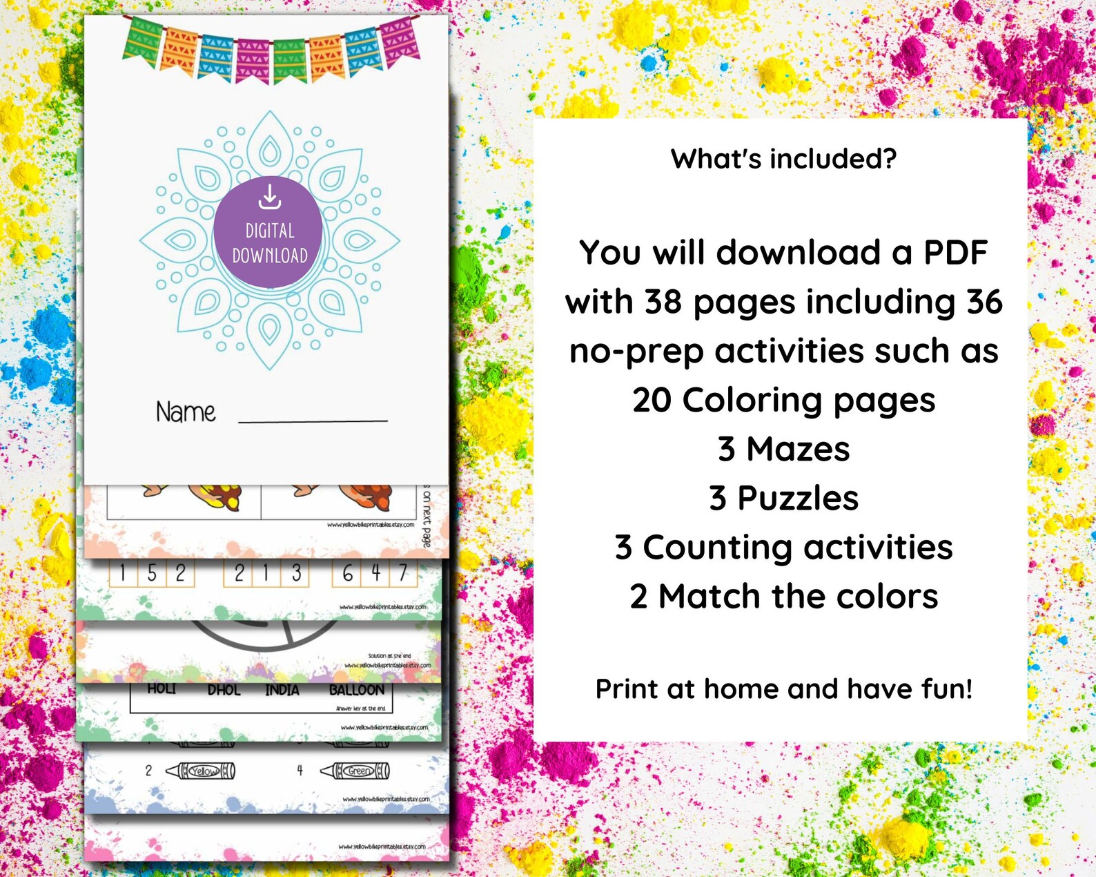 Holi Activity Bundle, Holi Coloring Pages, Printable Holi Themed ...