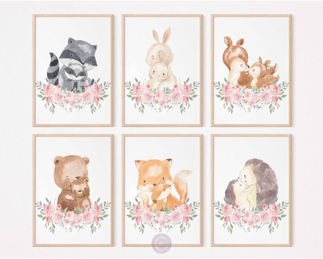 Mother and Baby Woodland Animals With Blush Pink Roses, Cute Prints for ...