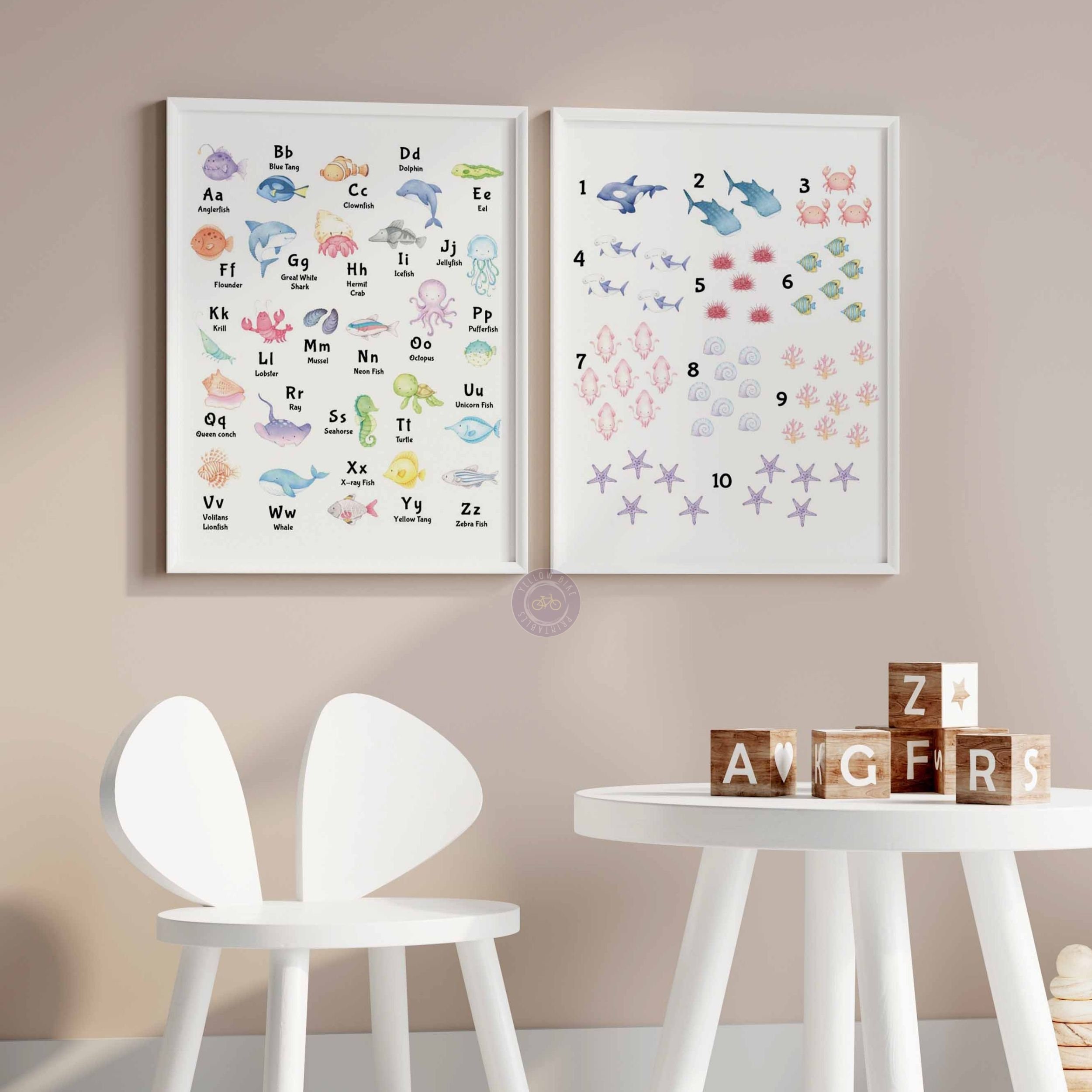 English Alphabet and Number Prints, Colorful Educational Charts, Ocean ...