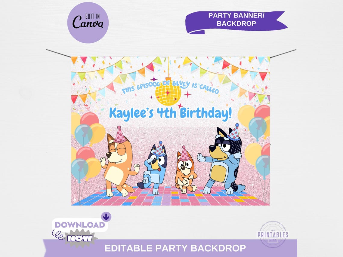 Editable Bluey Birthday Banner, Bluey Party Decor, Kids Birthday Banner ...