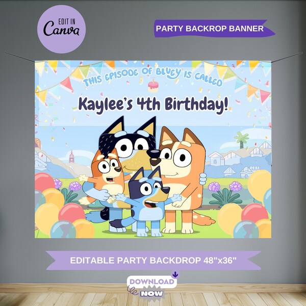 Editable Bluey Birthday Banner, Bluey Party Decor, Kids Birthday Banner ...