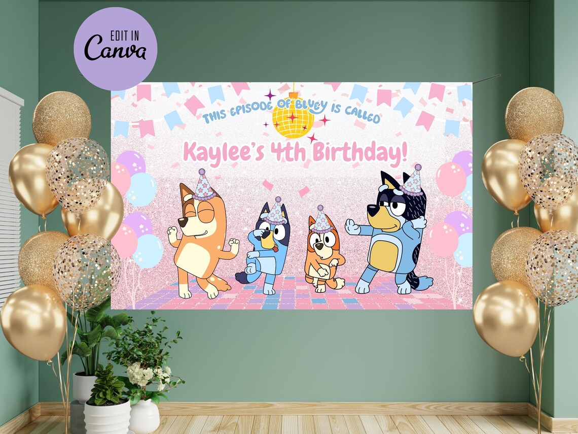 Editable Bluey Birthday Banner, Bluey Party Decor, Kids Birthday Banner ...