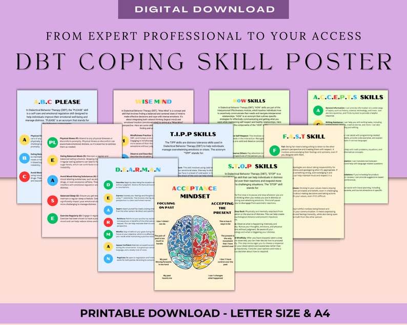 DBT Bundle Coping Skills Printable Poster Handout Cheat Sheet ...