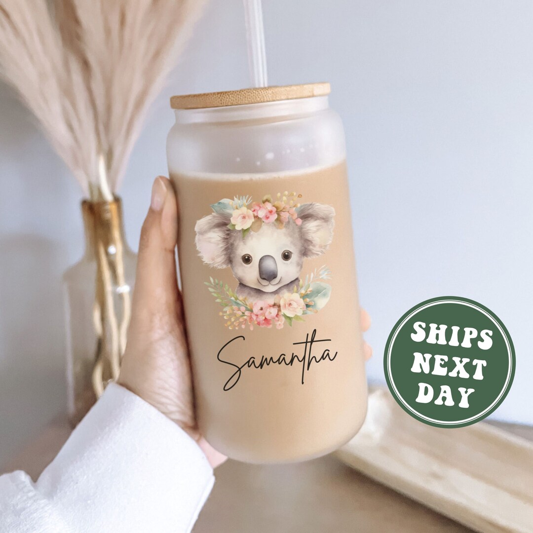 Personalized Koala Glass Cup, Custom Koala Frosted Glass Cup Tumbler ...
