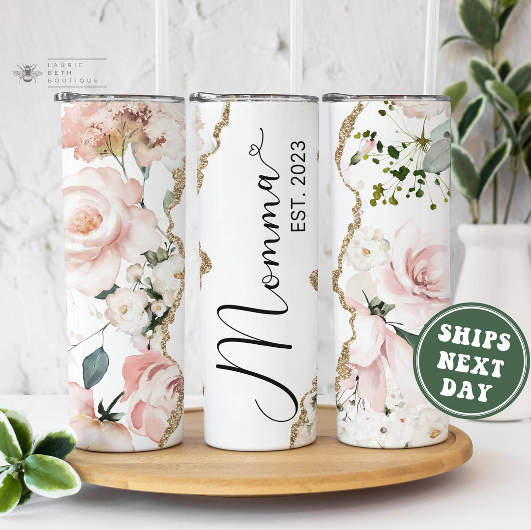 Custom Momma Tumbler, Watercolor Pink Floral Personalized Established ...