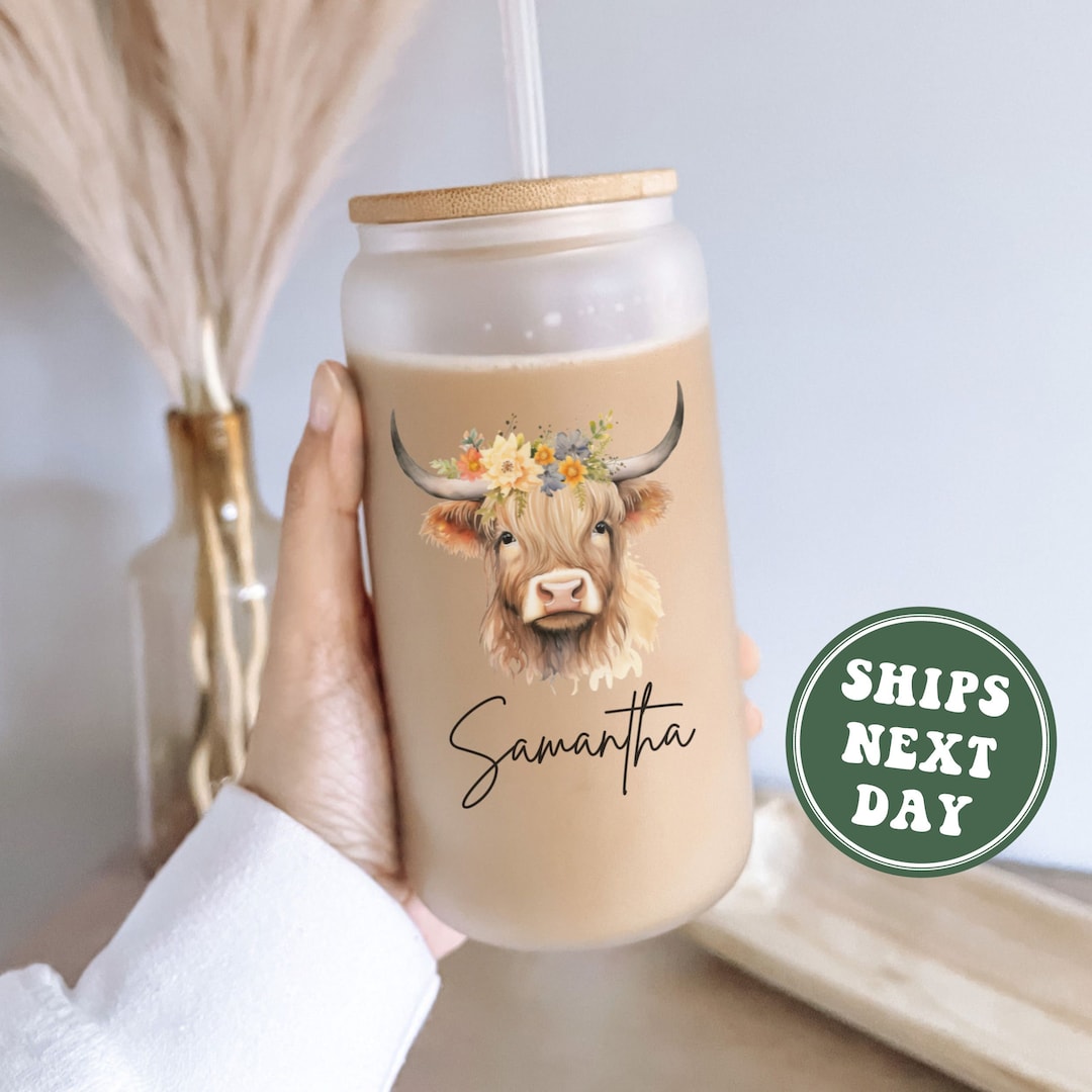 Personalized Highland Cow Glass Cup Custom Highland Cow Frosted Glass ...
