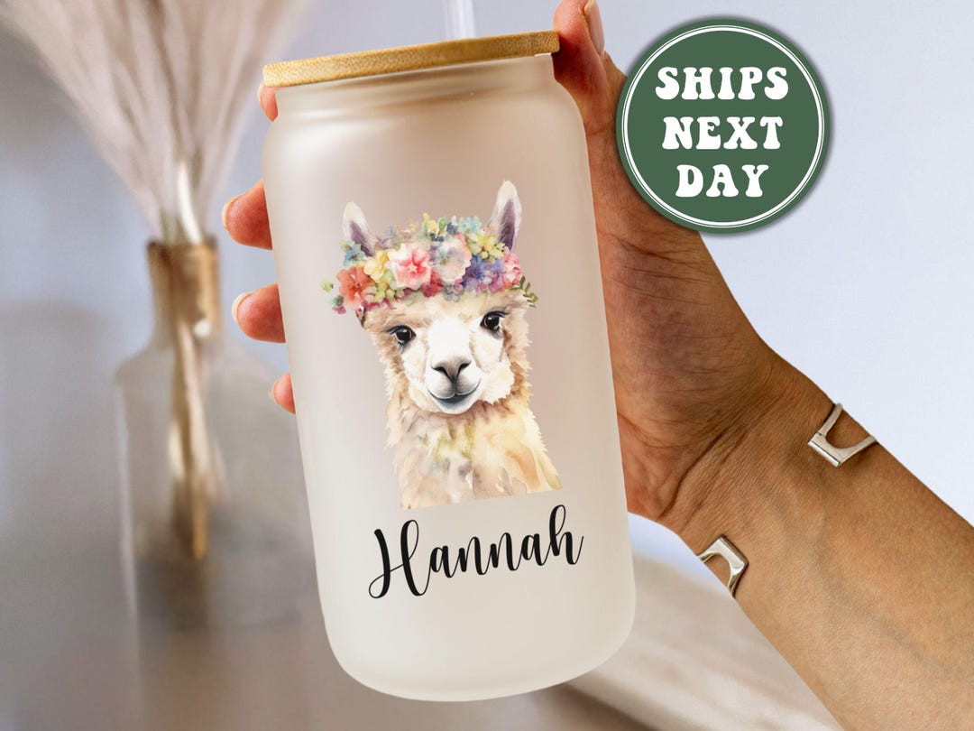 Personalized Llama Glass Cup, Custom Llama Frosted Glass Cup Tumbler ...