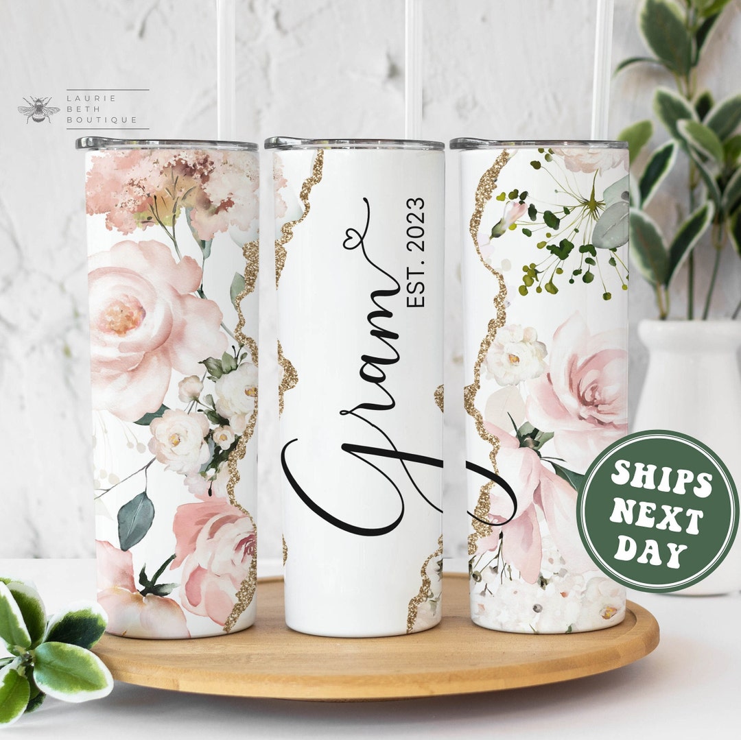 Custom Gram Tumbler, Watercolor Pink Floral Personalized Established ...